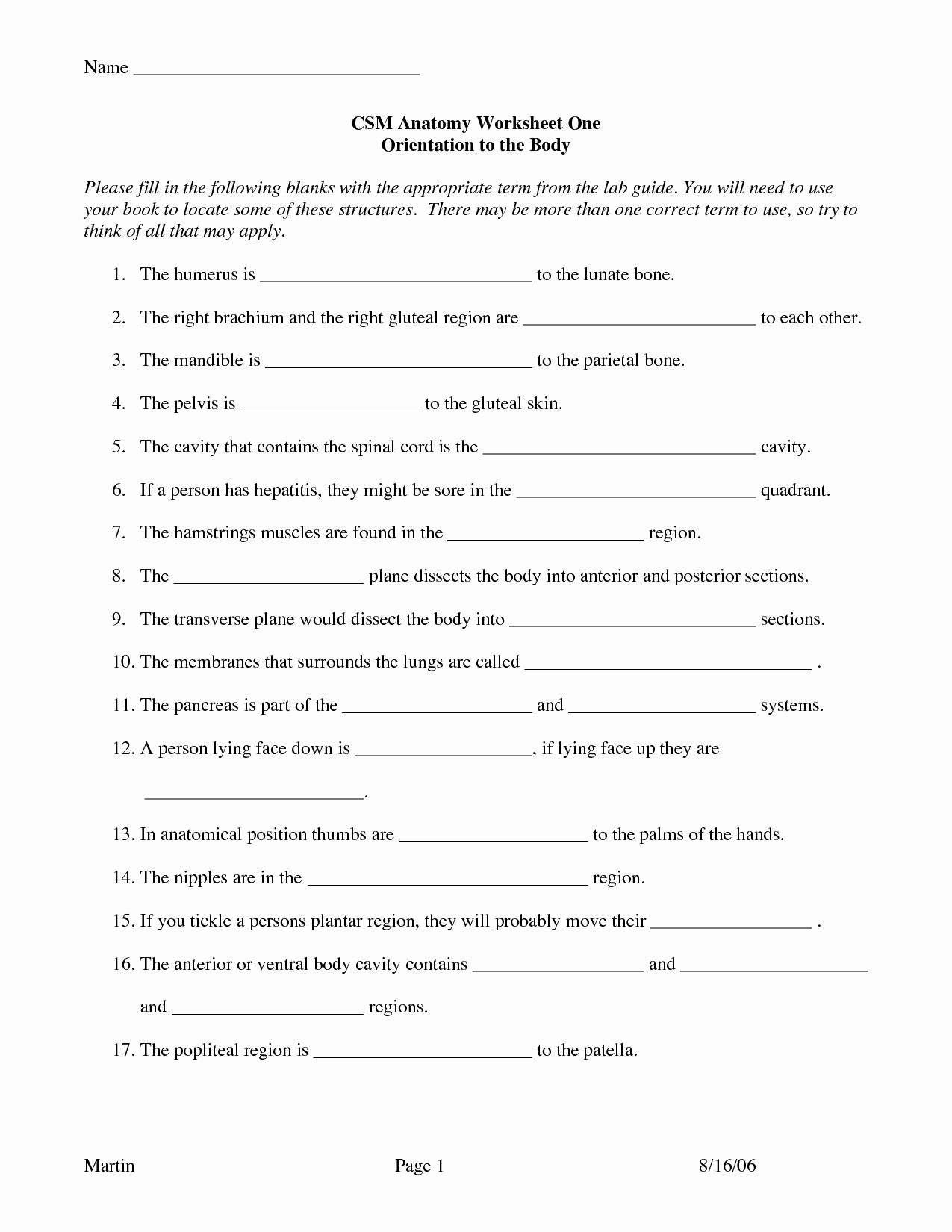 Using Anatomical Language Worksheet Answer Key Language Worksheets