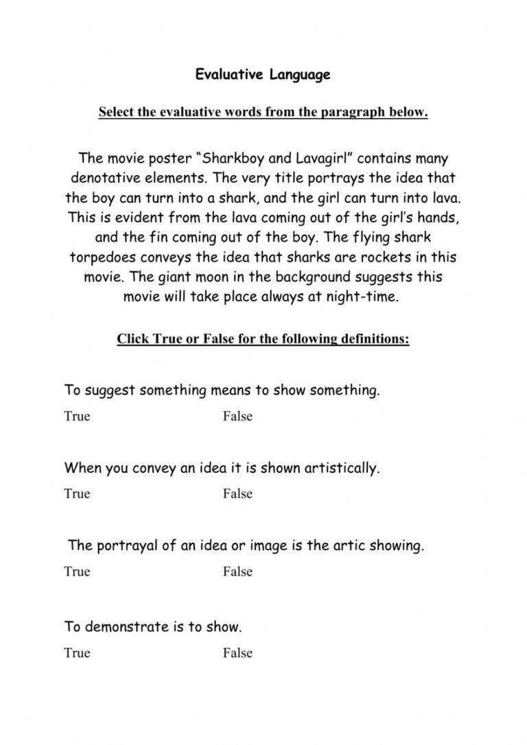 Evaluative Language Worksheets | Language Worksheets