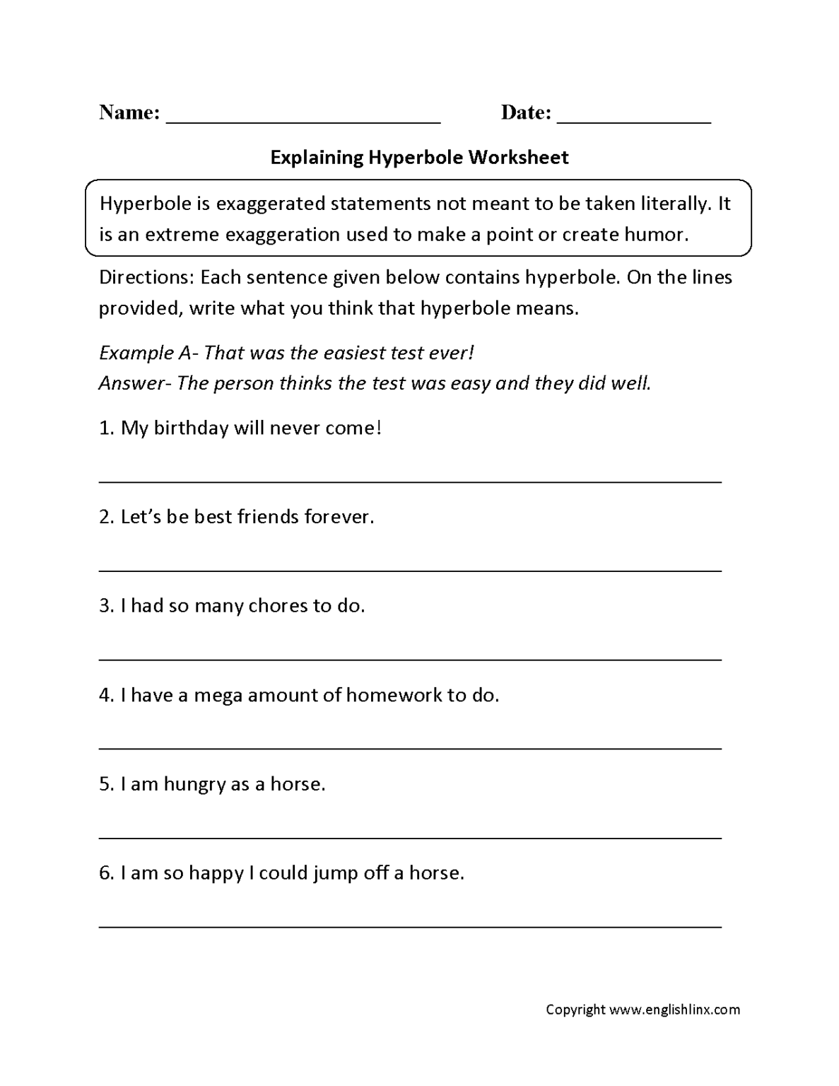 Explaining Hyperbole Worksheet Figurative Language Worksheet | Language ...