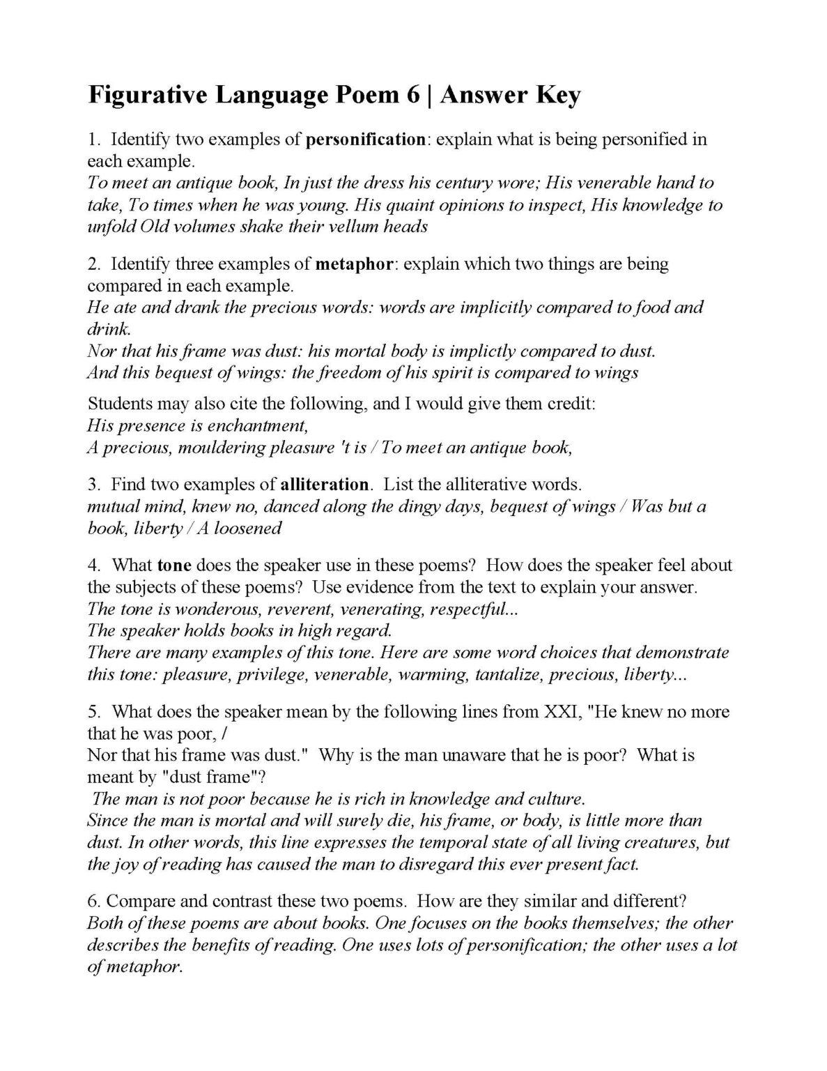 Figurative Language In Poetry Analysis Worksheet Answers | Language ...