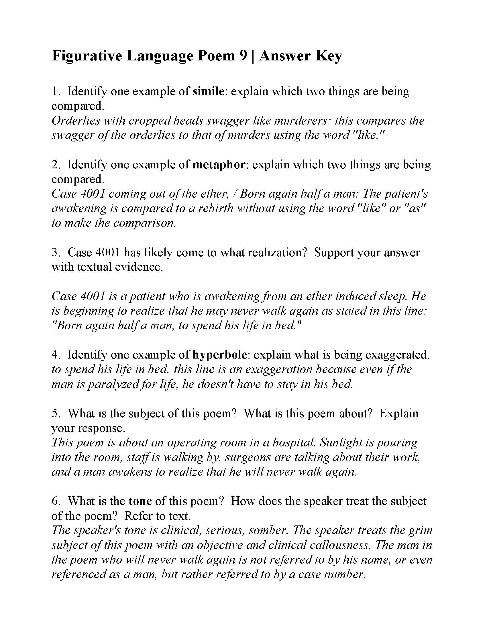 Figurative Language Worksheet 9 Answer Key Language Worksheets