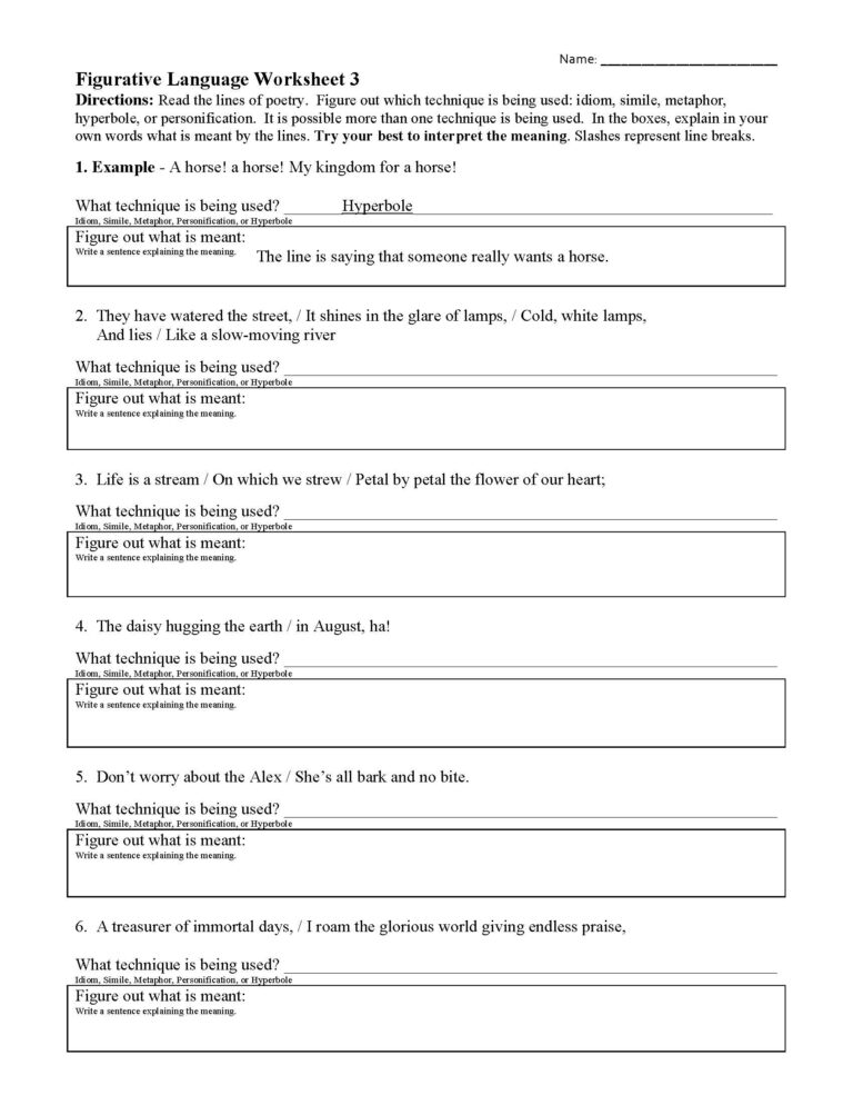 Figurative Language Worksheet 3 Explanations | Language Worksheets
