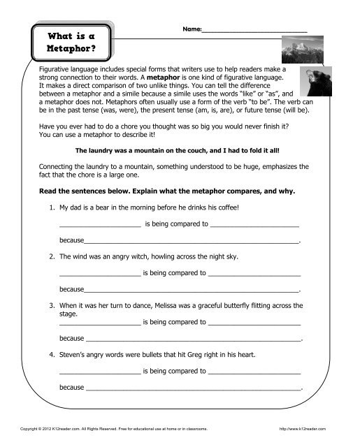 Figurative Language Worksheets For 3rd Grade Students Language Worksheets