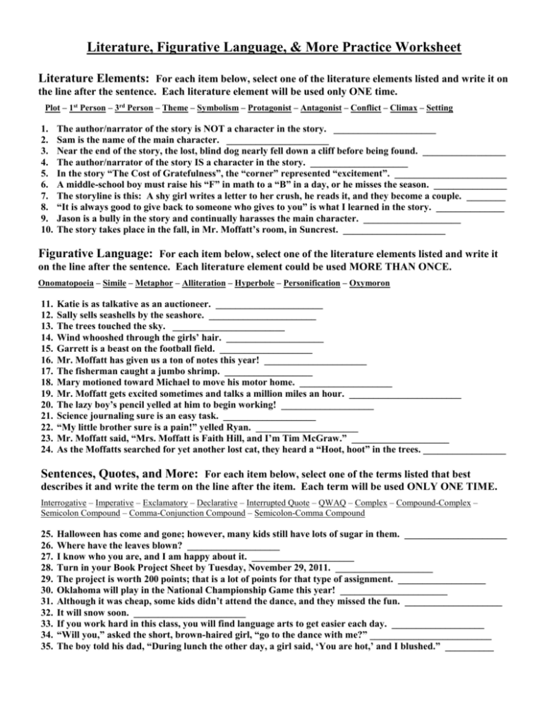 Literature Figurative Language And More Practice Worksheet Answer ...