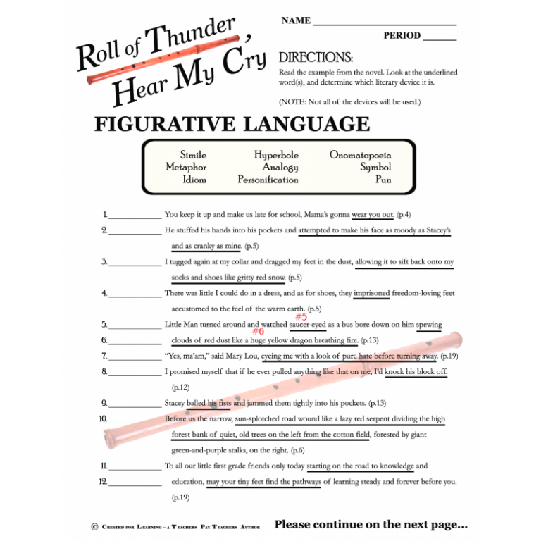 Roll Of Thunder Hear My Cry Figurative Language Worksheet Answers ...