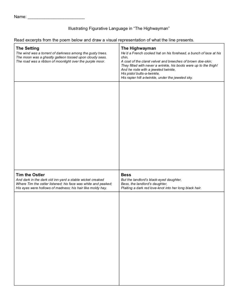 The Highwayman Figurative Language Worksheet | Language Worksheets