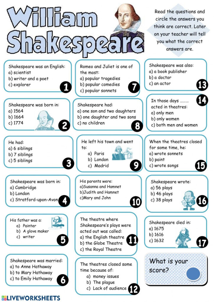 Shakespeare Quiz Worksheet | Language Worksheets