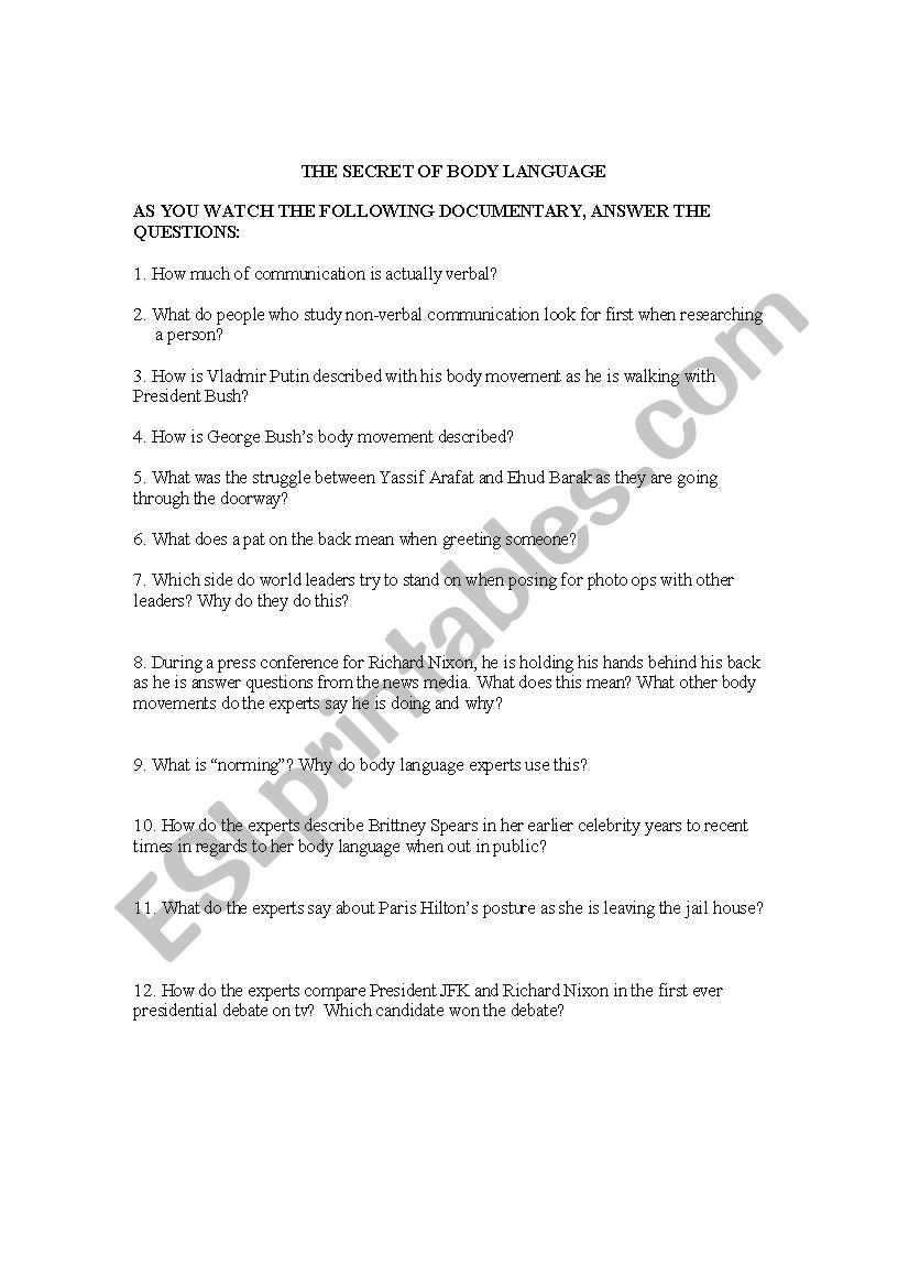 The Secrets Of Body Language Video Worksheet Answer Key Language