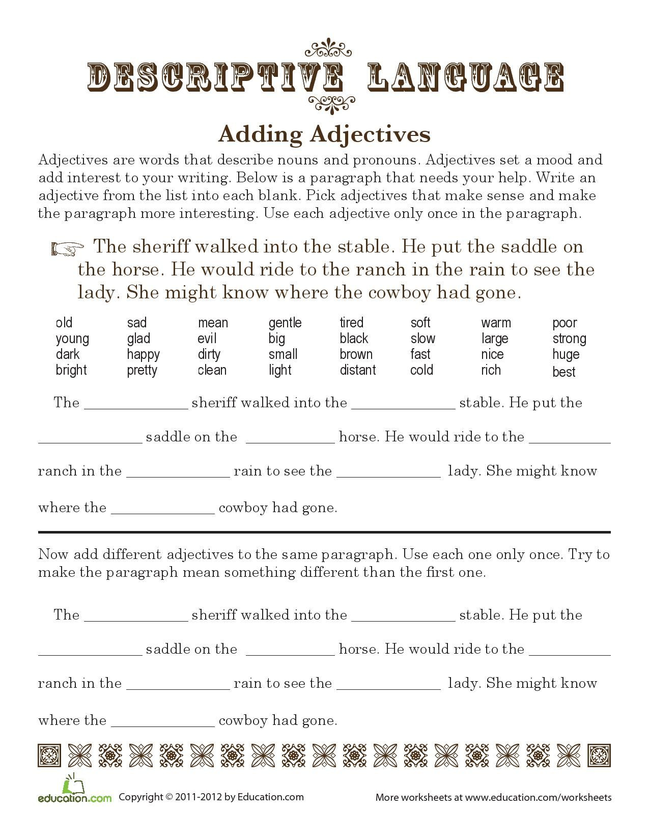 Descriptive Language Worksheets Language Worksheets Descriptive Language Worksheets Language Worksheets